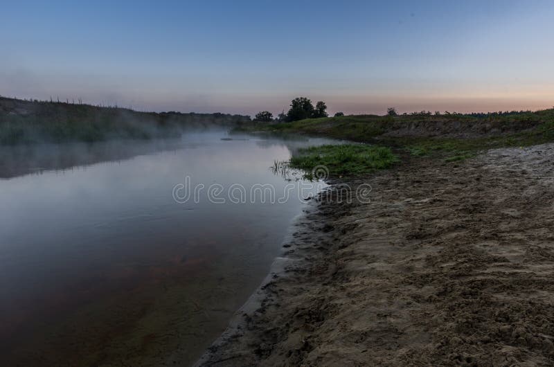 Sunset by the River. Summer Mist Over the River Stock Photo - Image of ...
