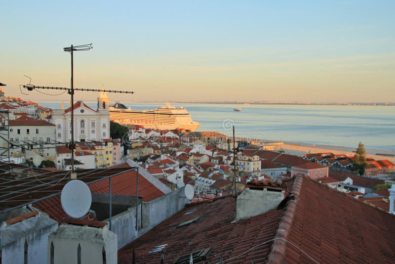 Sunset on River Tejo (Lisbon) Stock Photo - Image of ship, building ...