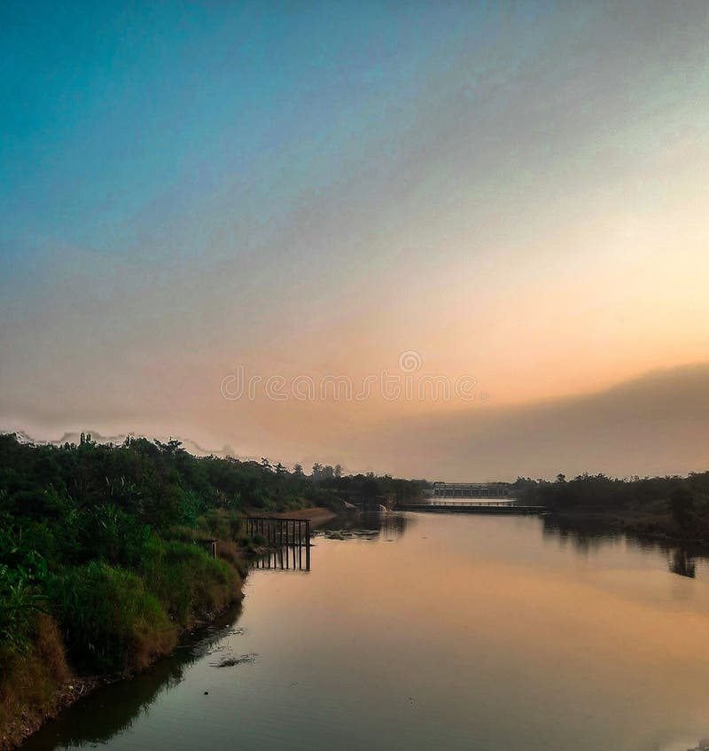 Sunset River Water Waterfall Bridge Tree Fish Dam Rentang Stock Photo ...