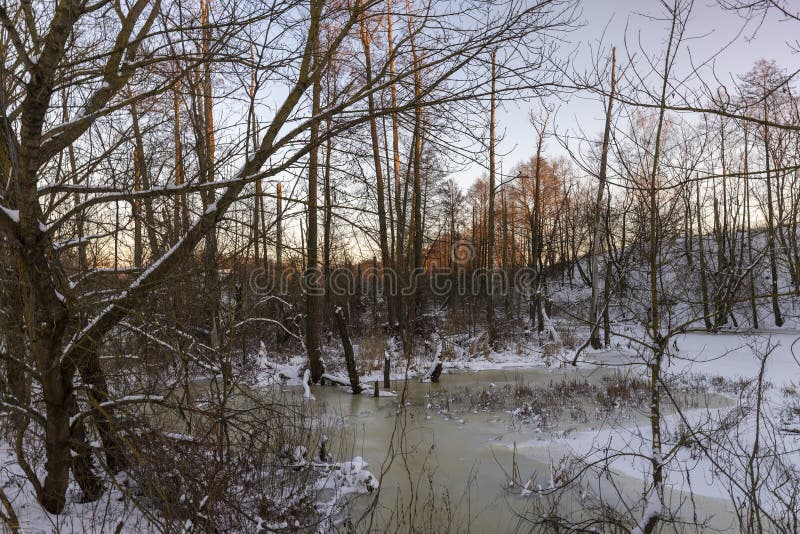 Sunset on a River Whose Banks are Covered with Ice Stock Photo - Image ...