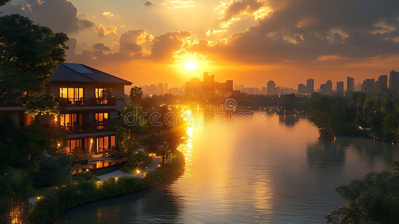 Sunset Riverside Villa, City Skyline Backdrop, Real Estate Ad Stock ...