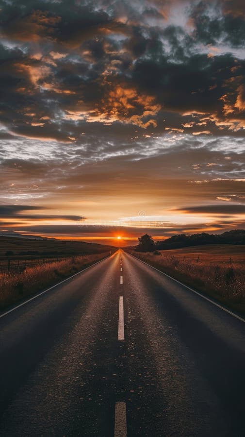 Sunset Road with Dramatic Sky, Panoramic View. Serene Journey and ...