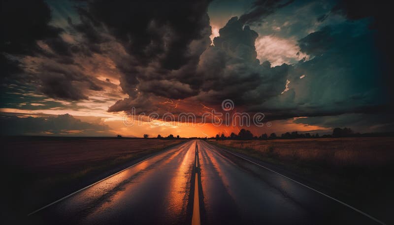 Sunset on the Road. Dramatic Sky with Thunderstorm Stock Illustration ...