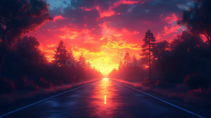 Sunset Road Forest Drive, Fiery Sky, Peaceful Evening Stock ...