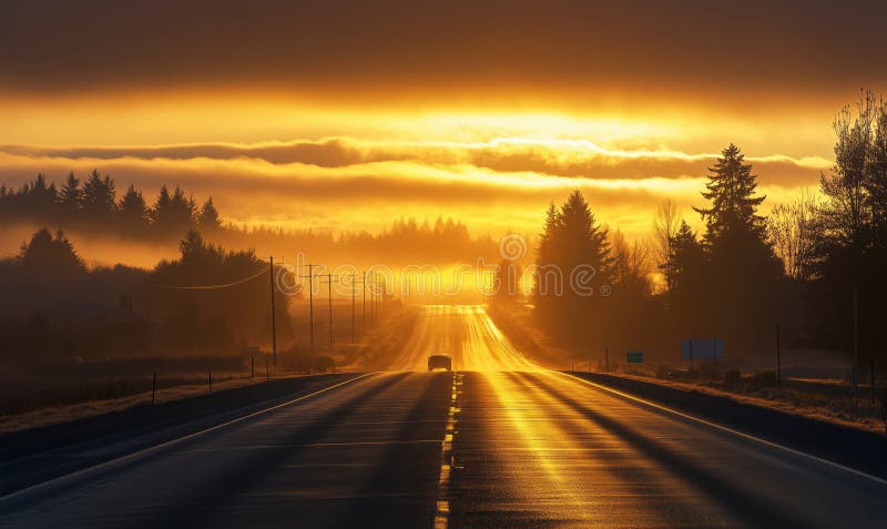 Sunset Road with Golden Light, Misty Landscape, Trees Lining Highway ...