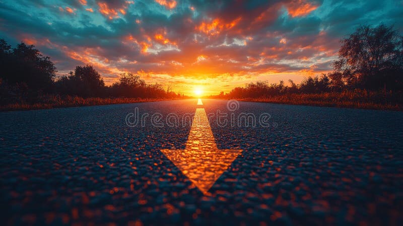 Sunset Road Landscape with Arrow Generative AI Stock Illustration - Illustration of path, motion ...