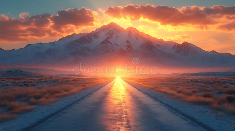 Sunset Road Leading To Snowy Mountain Peak Stock Illustration ...