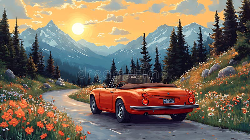 Sunset Road Trip Classic Car on Mountain Pass Stock Illustration ...