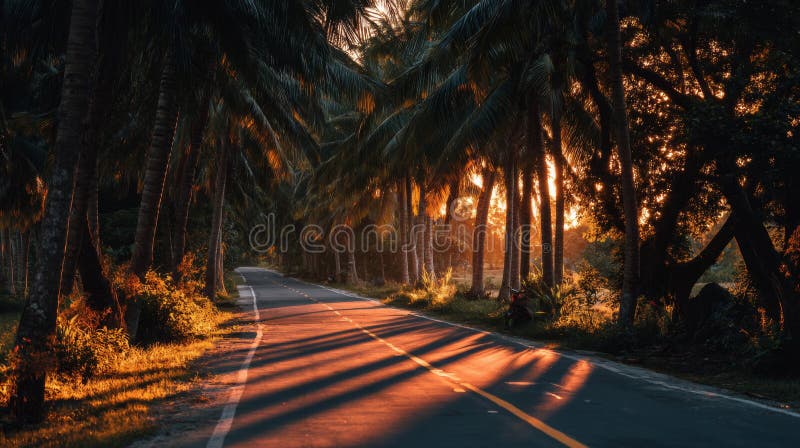 Sunset Road through Tropical Trees Stock Illustration - Illustration of ...