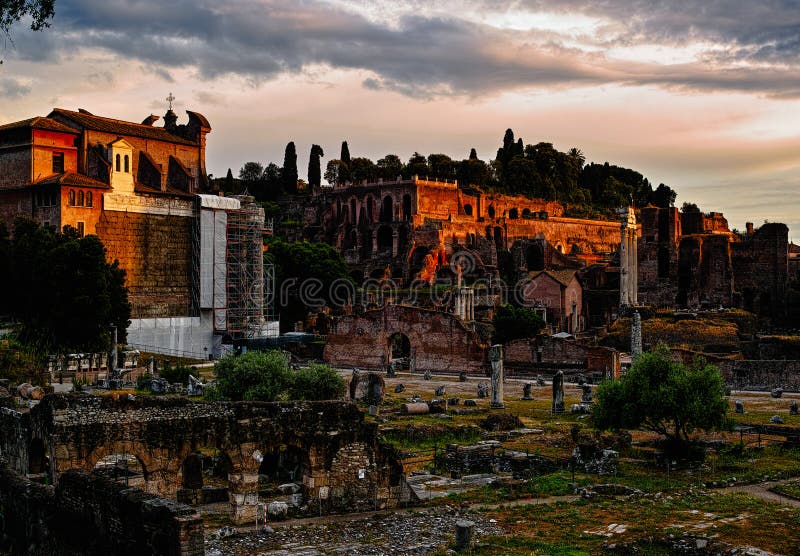 Sunset of Roman ruins stock photo. Image of european - 58643544