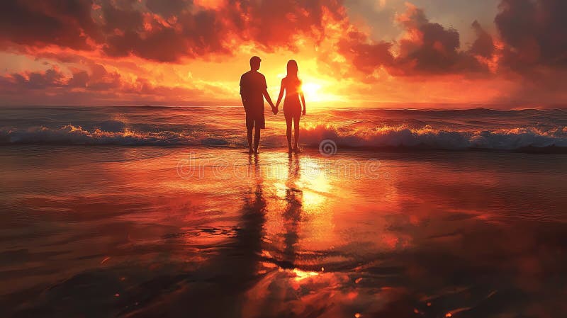 Sunset Romance Beach Illustration Stock Image - Image of waves ...