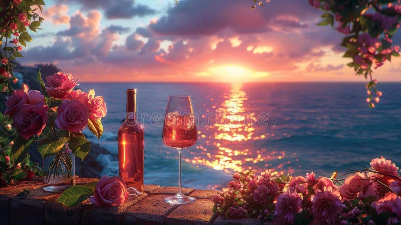 Sunset Romance with Roses and Wine - Generative Ai Stock Illustration ...