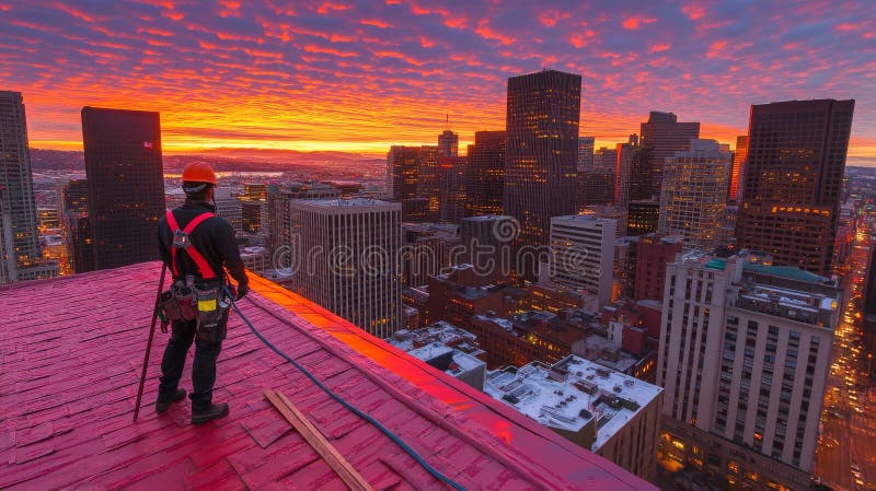 At Sunset, a Rooftop Construction Worker Overlooks the Sprawling ...