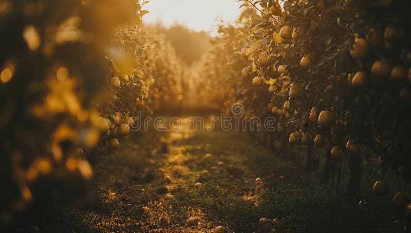 At Sunset, Rows of Fruit Trees in an Orchard Showcase Golden Pears on ...