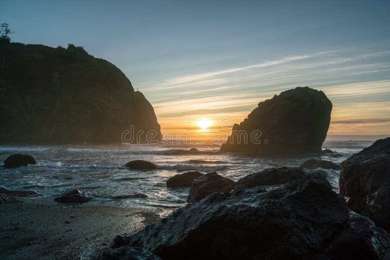 Rock Outcroping at Ruby Beach Sunset Along Pacific Ocean Stock Photo ...