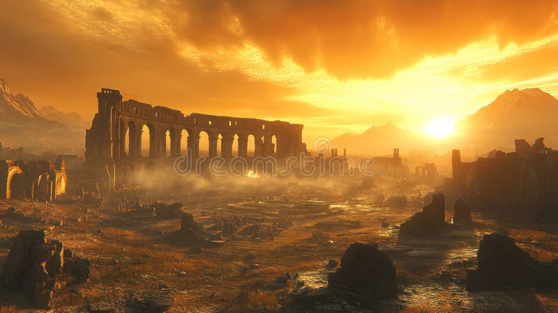 Sunset Ruins Ancient City Panorama, Dramatic Sky, Game Background Stock ...