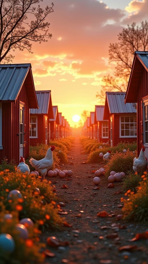 Sunset at Rustic Farm with Chickens and Red Barns in Scenic Countryside ...