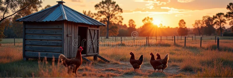 Sunset on Rustic Farm with Chickens and Wooden Coop Stock Image - Image ...