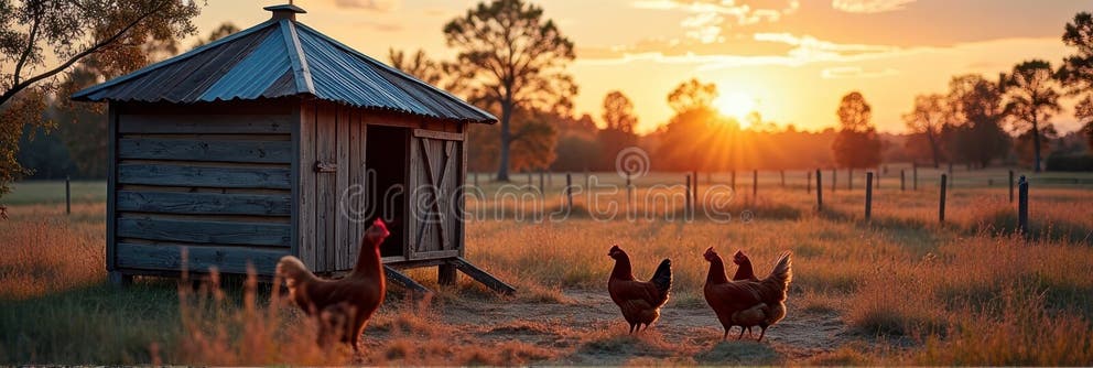 Sunset on Rustic Farm with Chickens and Wooden Coop Stock Image - Image ...