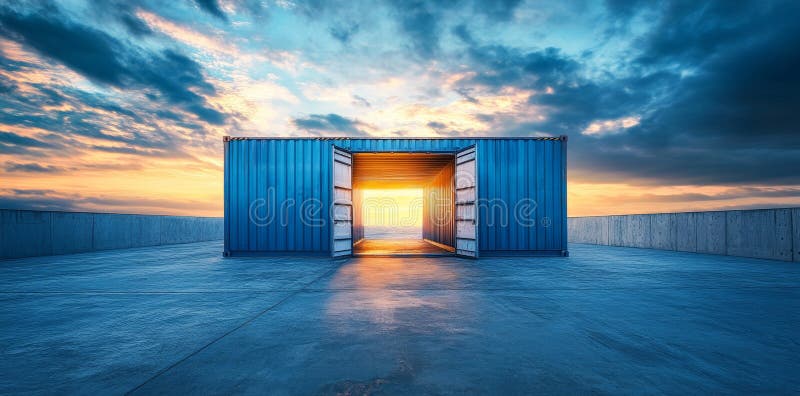 At Sunset, a Rustic Steel Shipping Container Sits Open on a Concrete ...