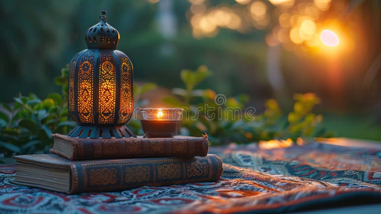 Sunset’s Embrace: Islamic Books and Lantern Symbolizing Knowledge and ...