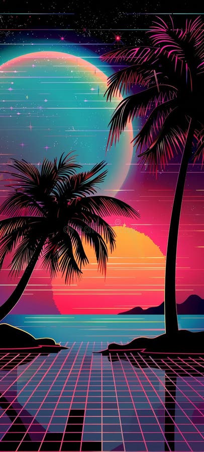 Sunset in 80s Retro Style Palm Tree Outlines Against a Vibrant Tropical ...