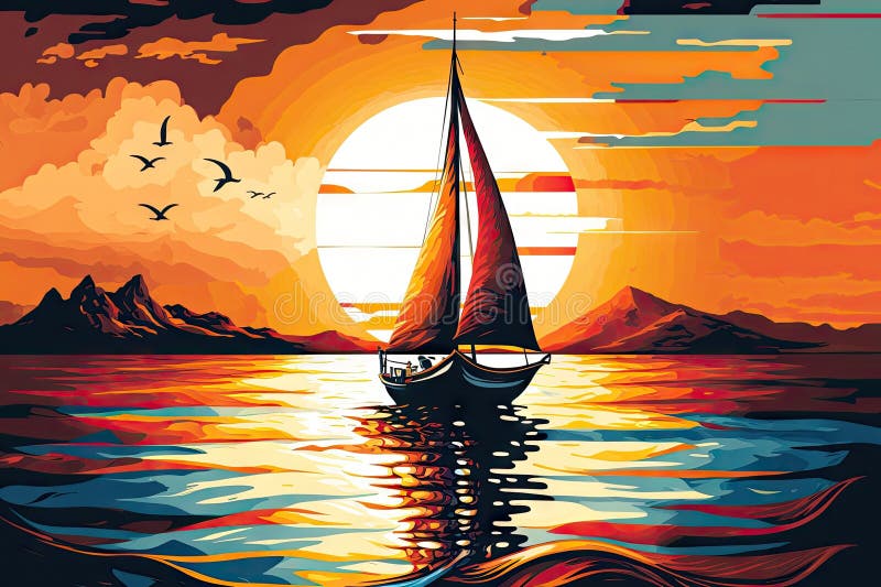 Sunset Sailboat on Calm Ocean, with Peaceful Waves Stock Illustration ...