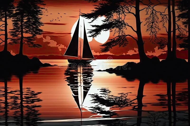 Sunset Sailboat Casting Shadow on Tranquil Lake Stock Illustration ...