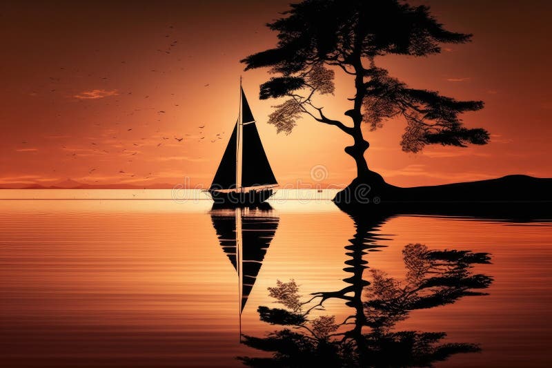 Sunset Sailboat Casting Shadow on Tranquil Lake Stock Illustration ...
