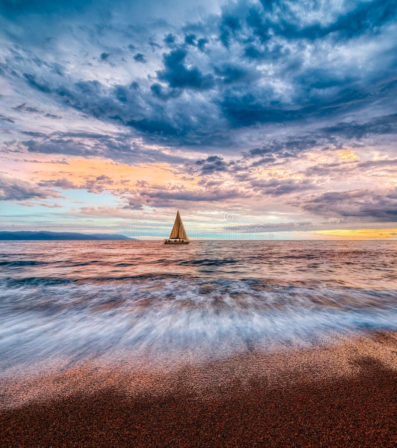 Sunset Sailboat Ocean Landscape Vertical Stock Image - Image of horizon ...