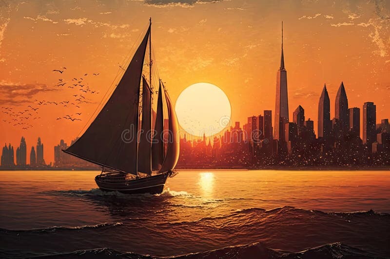 Sunset Sailboat Sailing Past City Skyline, with the Sun Setting Behind ...