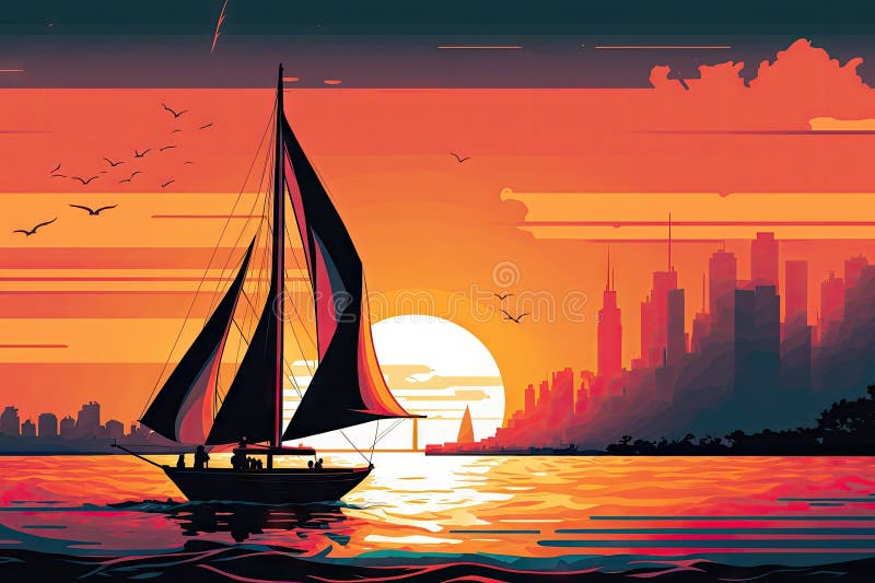 Sunset Sailboat Sailing Past City Skyline, with the Sun Setting Behind ...