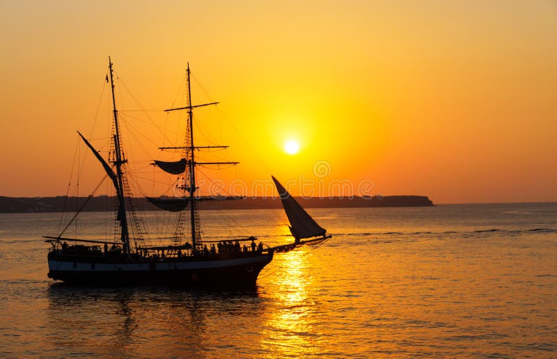 Sunset with sailing ship stock photo. Image of mast, passengers - 28412056
