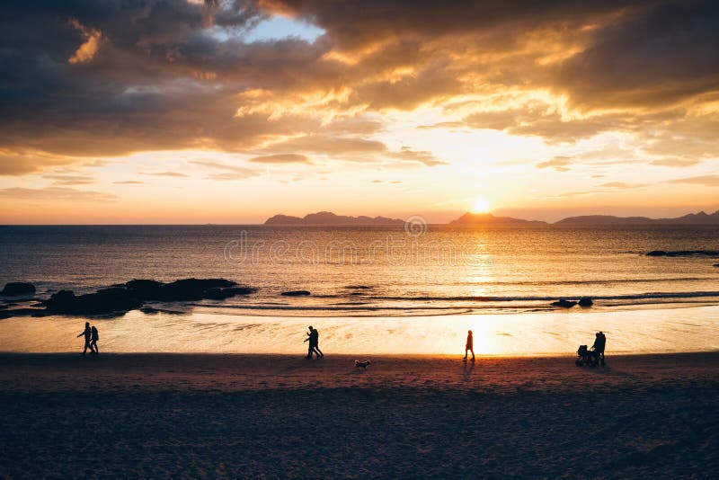 Sunset in Samil stock image. Image of people, fire, spain - 102890395