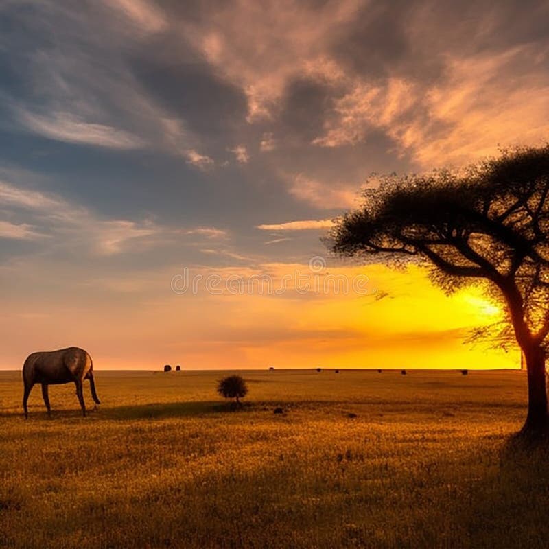 Sunset in the Savannah, Generative AI Stock Illustration - Illustration ...