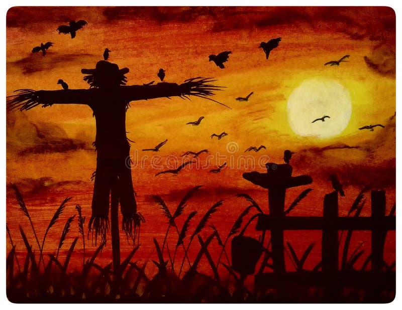 Sunset and Scarecrow Drawing by Hand. Illustration Stock Illustration ...
