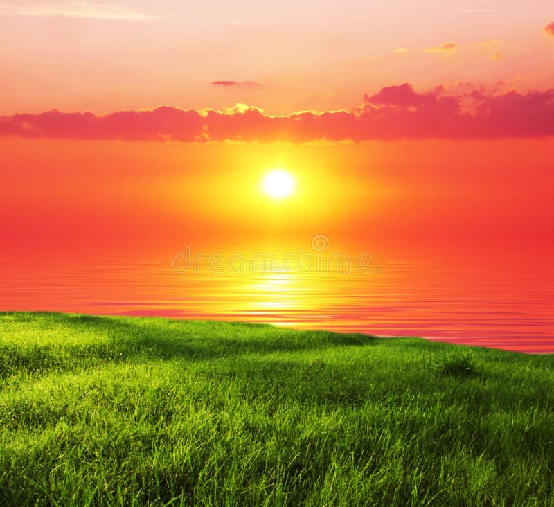 Sunset scene stock image. Image of lake, island, meadow - 4154455