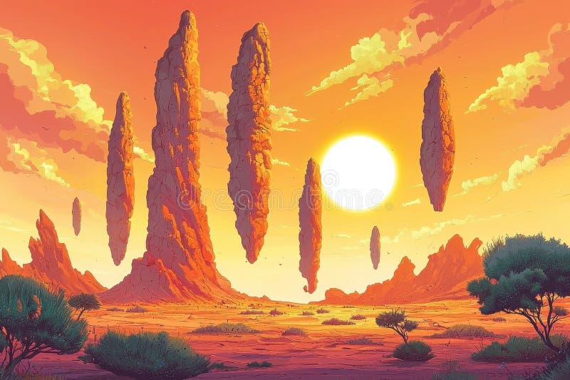 Sunset Scene with Alien Landscape and Flying Creatures Stock Image ...