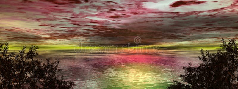 Sunset Scene with Alien Sky Stock Illustration - Illustration of ...