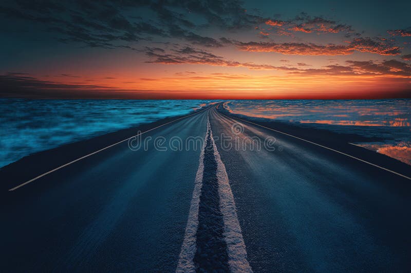 Sunset Scene of Empty Asphalt Highway and Blue Ocean Stock Illustration ...