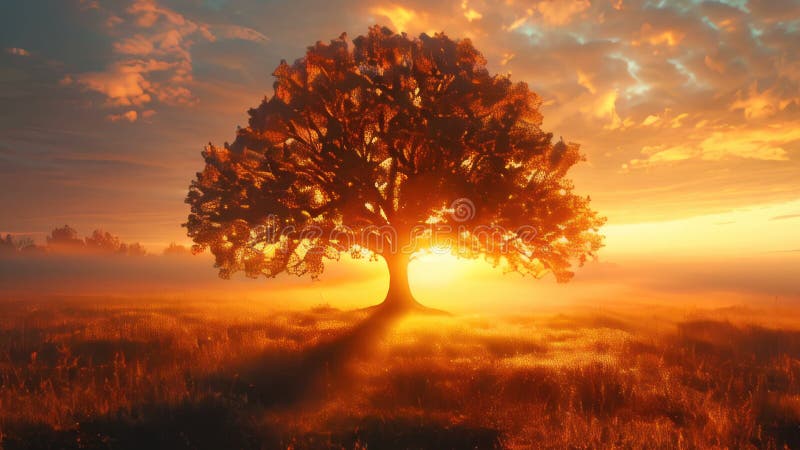 Lone Tree Silhouette at Sunrise with Foggy Valley and Hills Stock Video ...