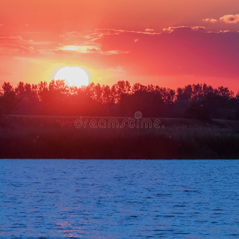 Sunset Scene Over Lake, Water Surface Sunset Stock Photo - Image of ...