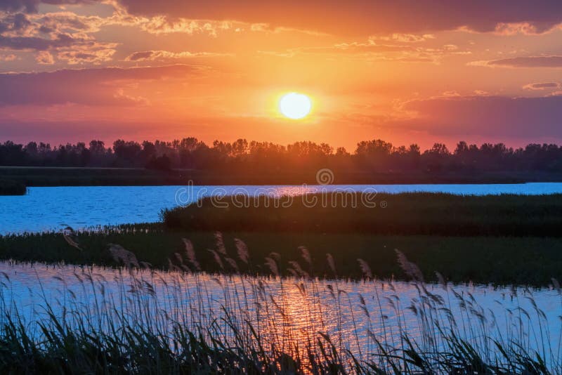 Sunset Scene Over Lake, Water Surface Sunset Stock Image - Image of ...