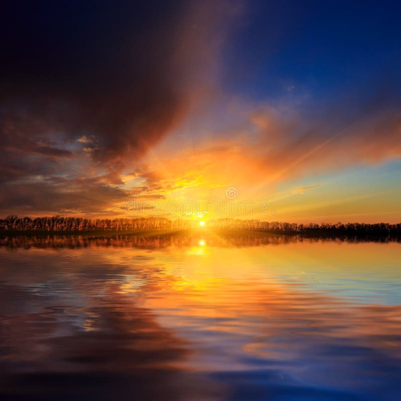 Sunset Scene Over Lake Water Surface Stock Photo - Image of reflection ...