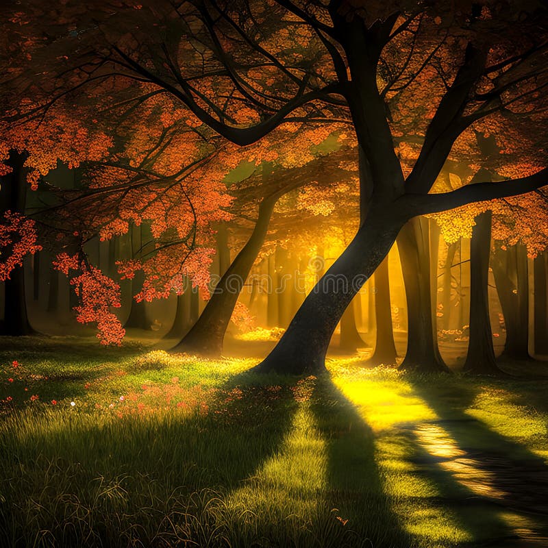 Sunset in the Park. Generated by AI. Stock Illustration - Illustration ...