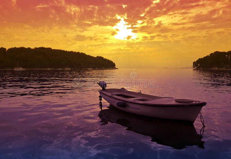 Sunset Scene with a Small Boat Stock Image - Image of parking, blue ...