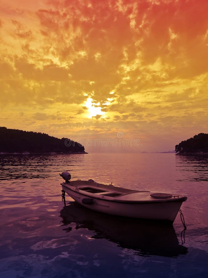 Sunset Scene with Small Boat Stock Photo - Image of parking, forest ...