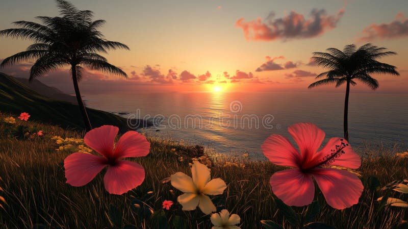 A Sunset Scene in the Tropics Featuring Hibiscus Flowers and Palm Trees ...