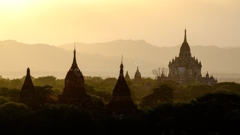 Sunset Scenic View with Silhouettes of Temples in Bagan, Myanmar Stock ...