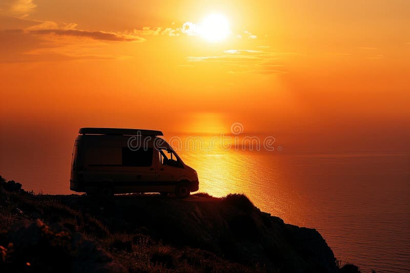 Sunset Sea Landscape with a Camper Parked on the Top of a Hill Ai Photo ...
